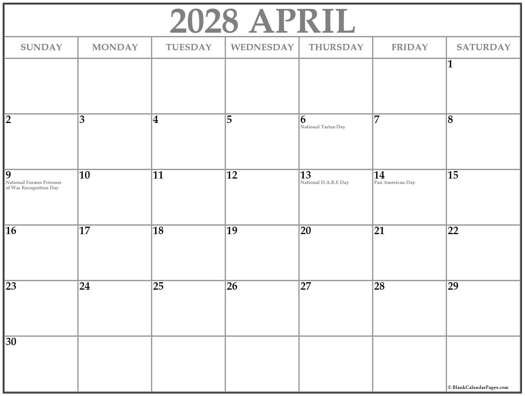 April 2028 with holidays calendar
