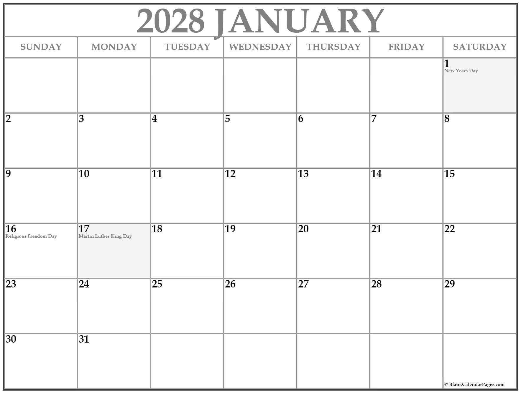 January 2028 with holidays calendar
