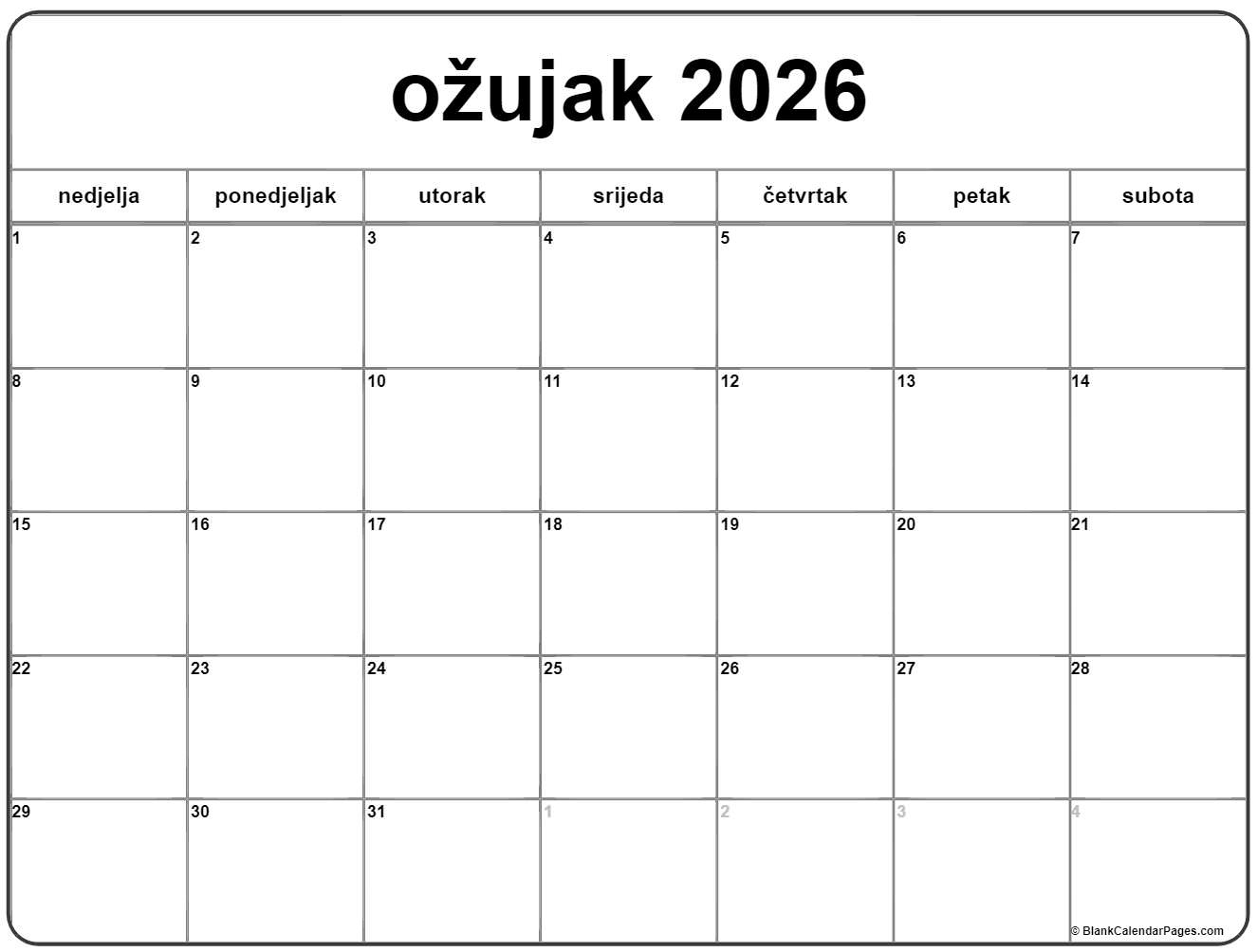 ožujak 2026 besplatni kalendar za ispis | kalendar ožujak