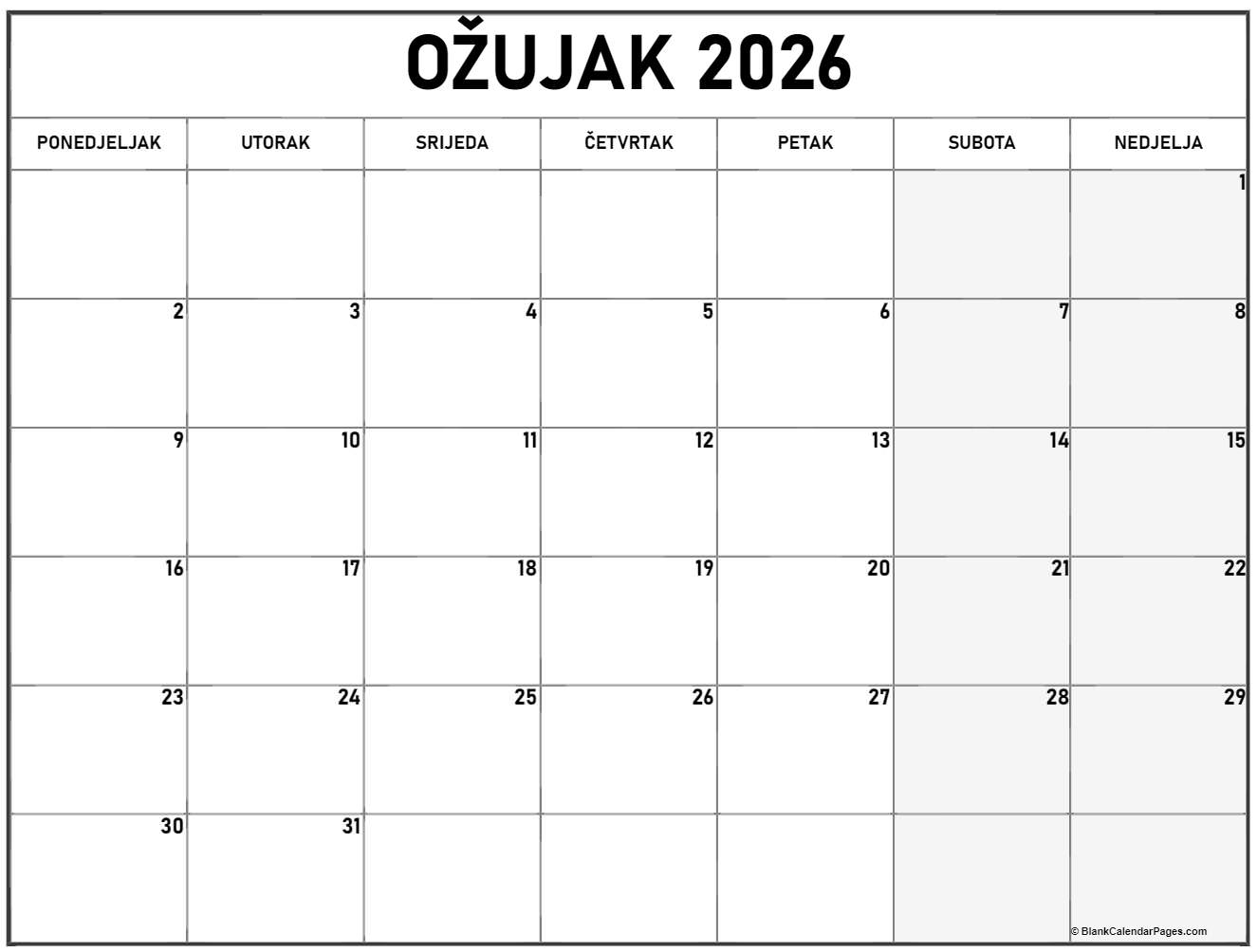 ožujak 2026 besplatni kalendar za ispis | kalendar ožujak