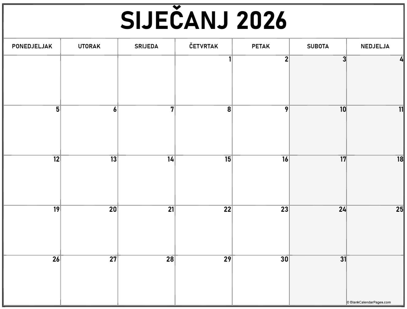 siječanj 2026 besplatni kalendar za ispis | kalendar siječanj
