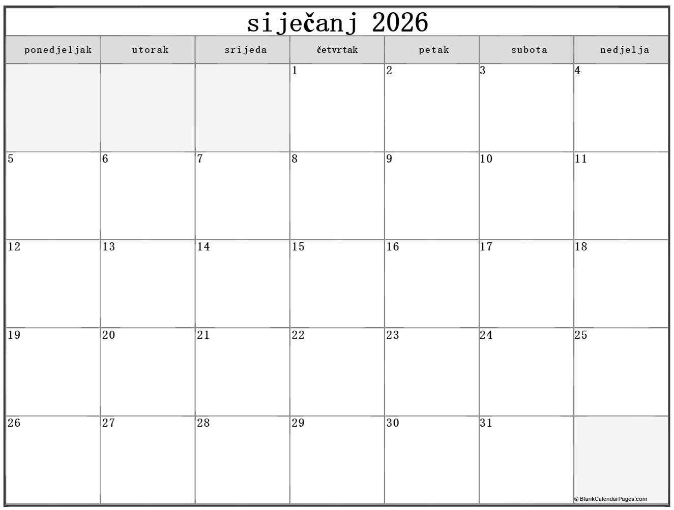 siječanj 2026 besplatni kalendar za ispis | kalendar siječanj