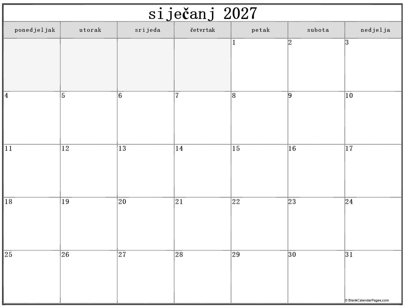 siječanj 2027 besplatni kalendar za ispis | kalendar siječanj