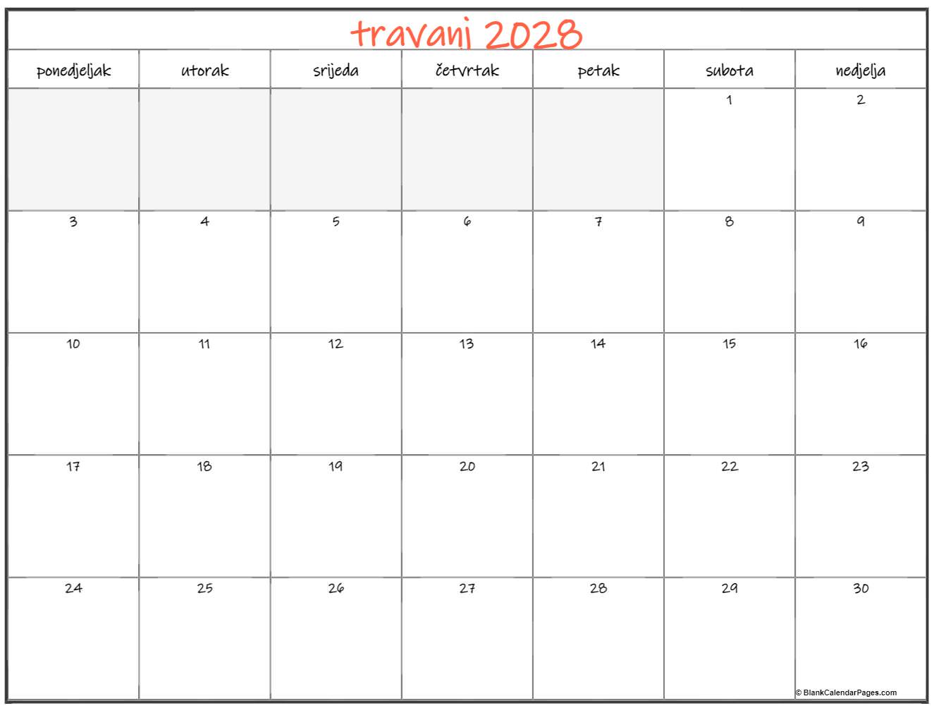 travanj 2028 besplatni kalendar za ispis | kalendar travanj