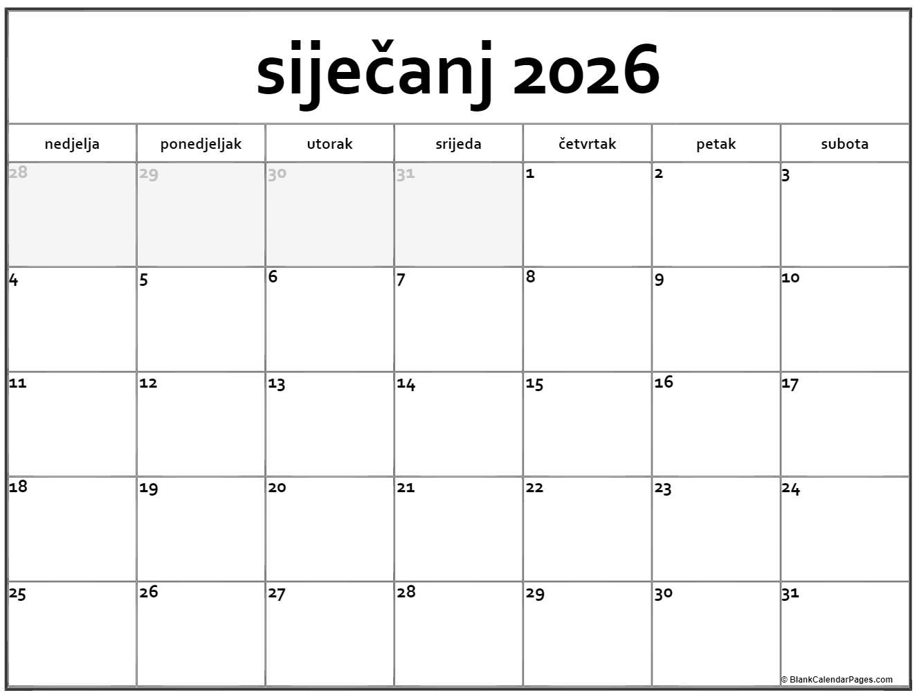 siječanj 2026 besplatni kalendar za ispis | kalendar siječanj