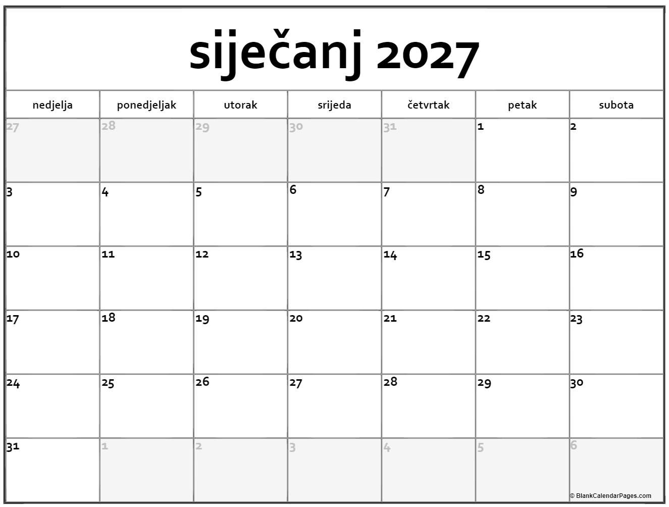 siječanj 2027 besplatni kalendar za ispis | kalendar siječanj