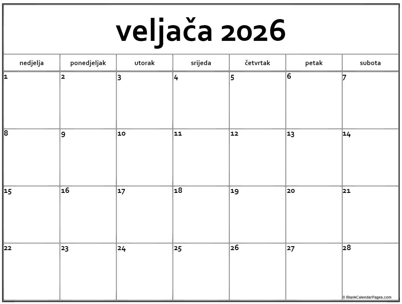 veljača 2026 besplatni kalendar za ispis | kalendar veljača