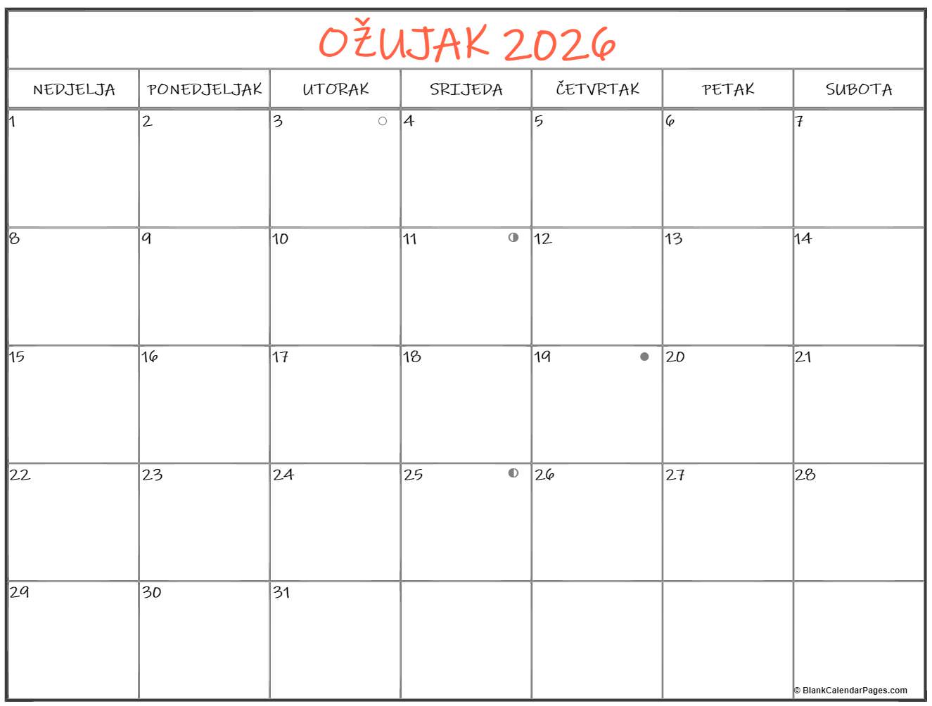 ožujak 2026 besplatni kalendar za ispis | kalendar ožujak
