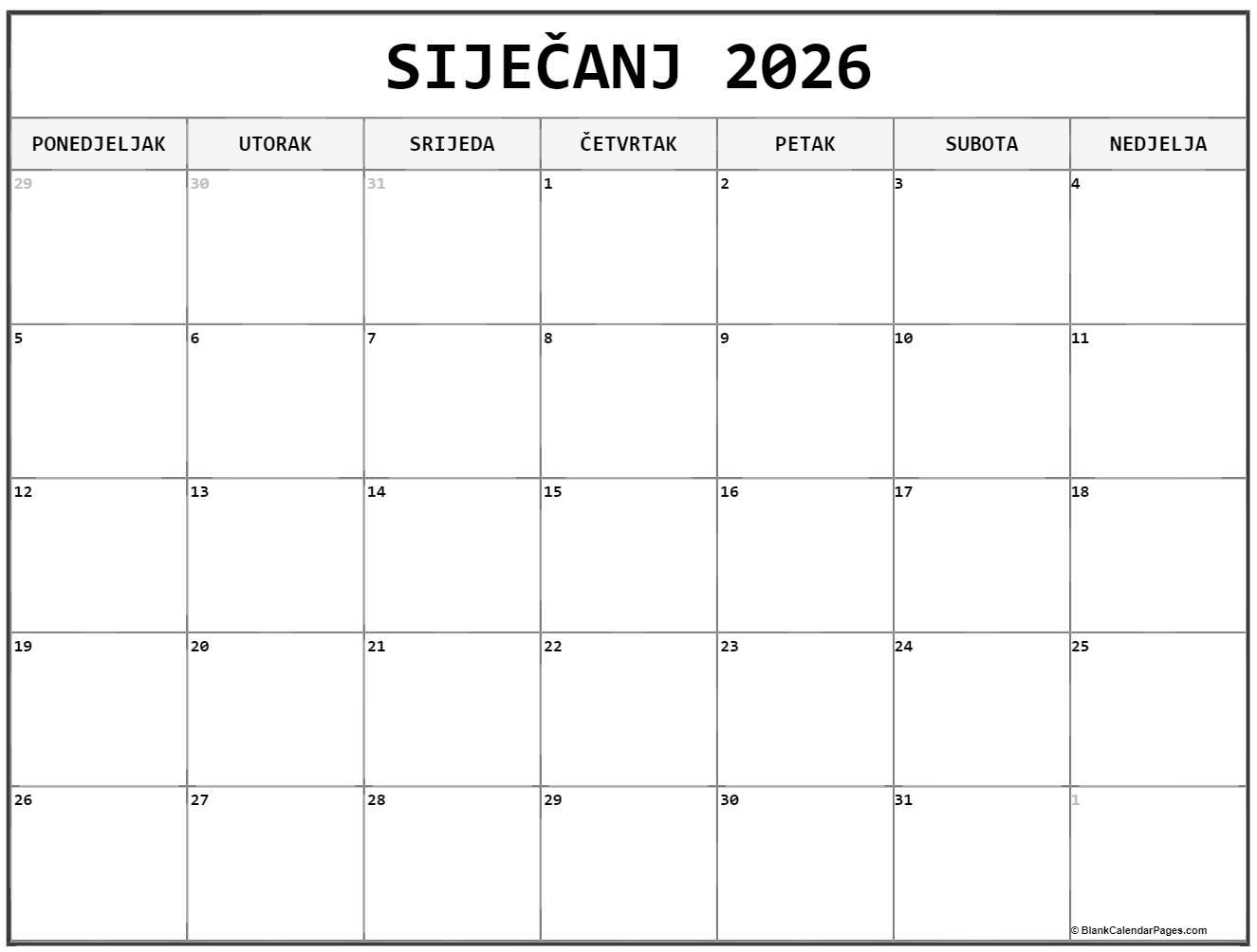 siječanj 2026 besplatni kalendar za ispis | kalendar siječanj