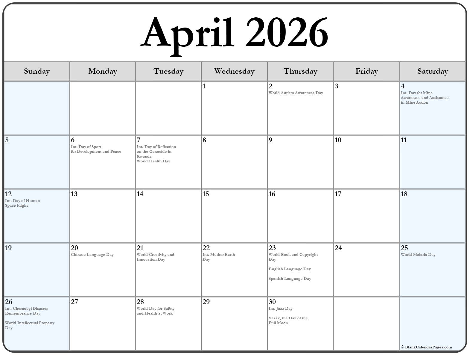 April 2026 With Holidays Calendar April 2026 With Holidays Calendar
