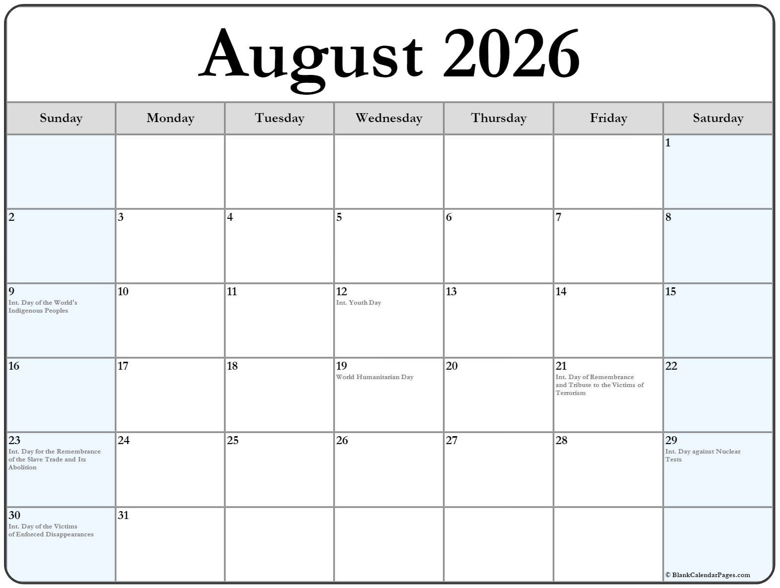 August 2026 With Holidays Calendar August 2026 With Holidays Calendar