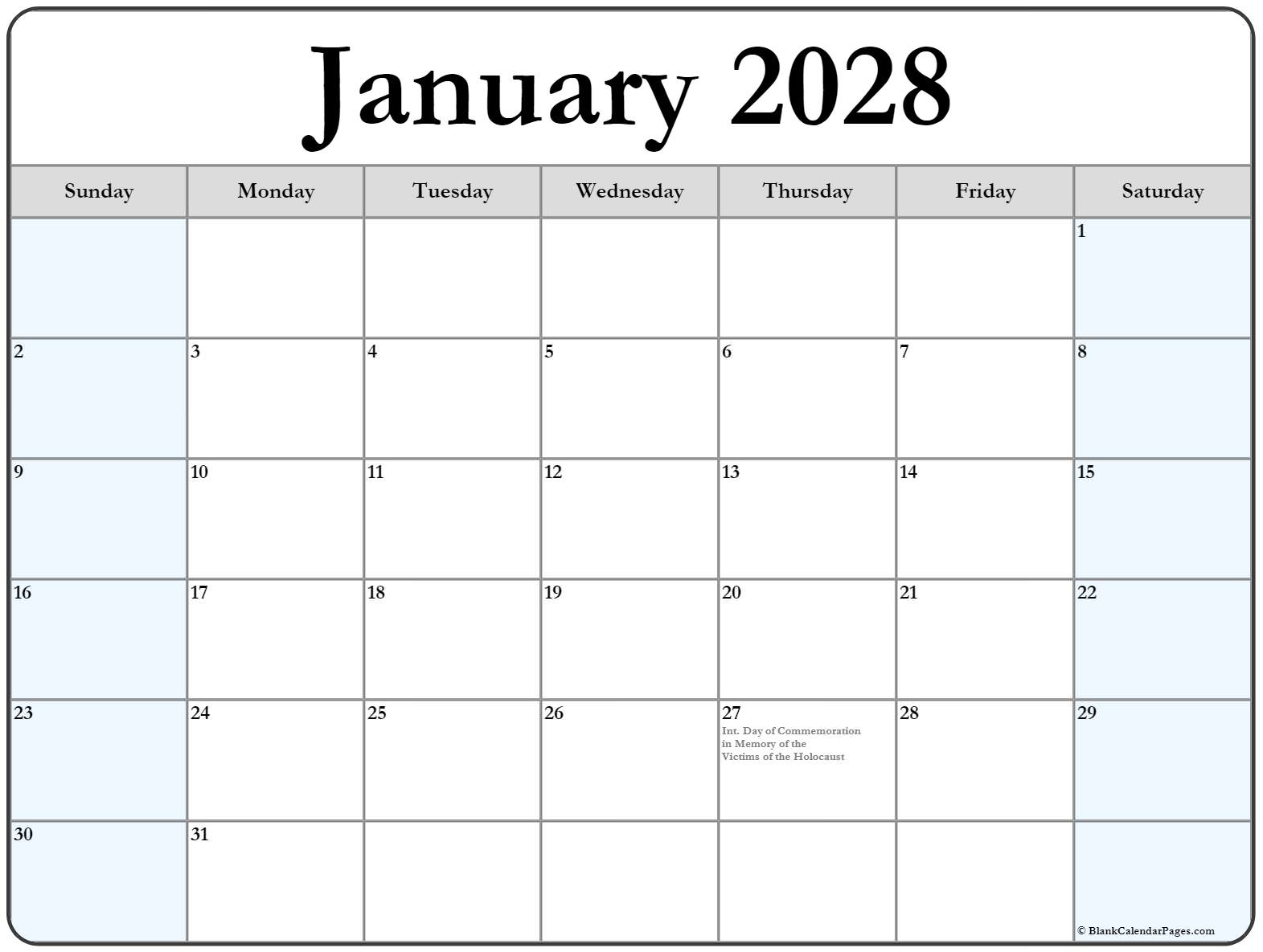 January 2028 with holidays calendar