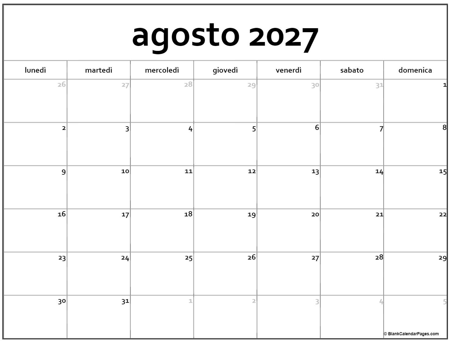 agosto 2027 calendario gratis italiano | Calendario agosto