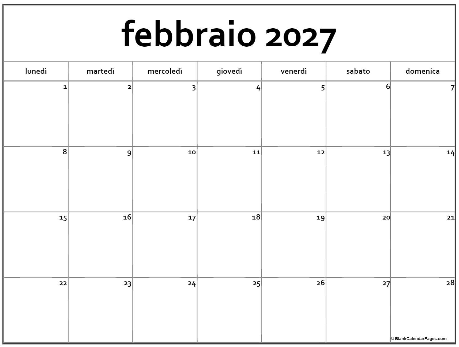 febbraio 2027 calendario gratis italiano | Calendario febbraio