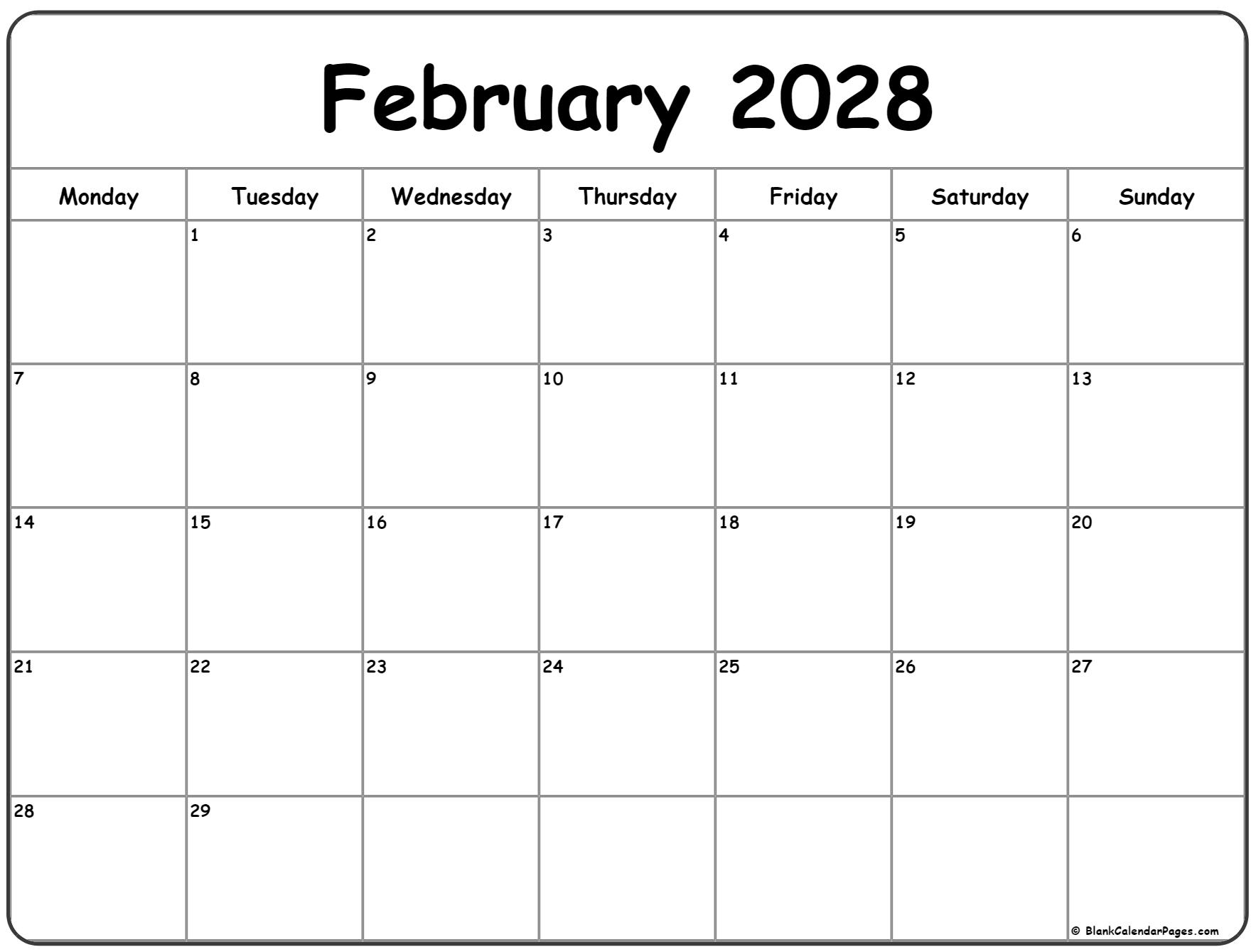 February 2028 Monday Calendar | Monday to Sunday