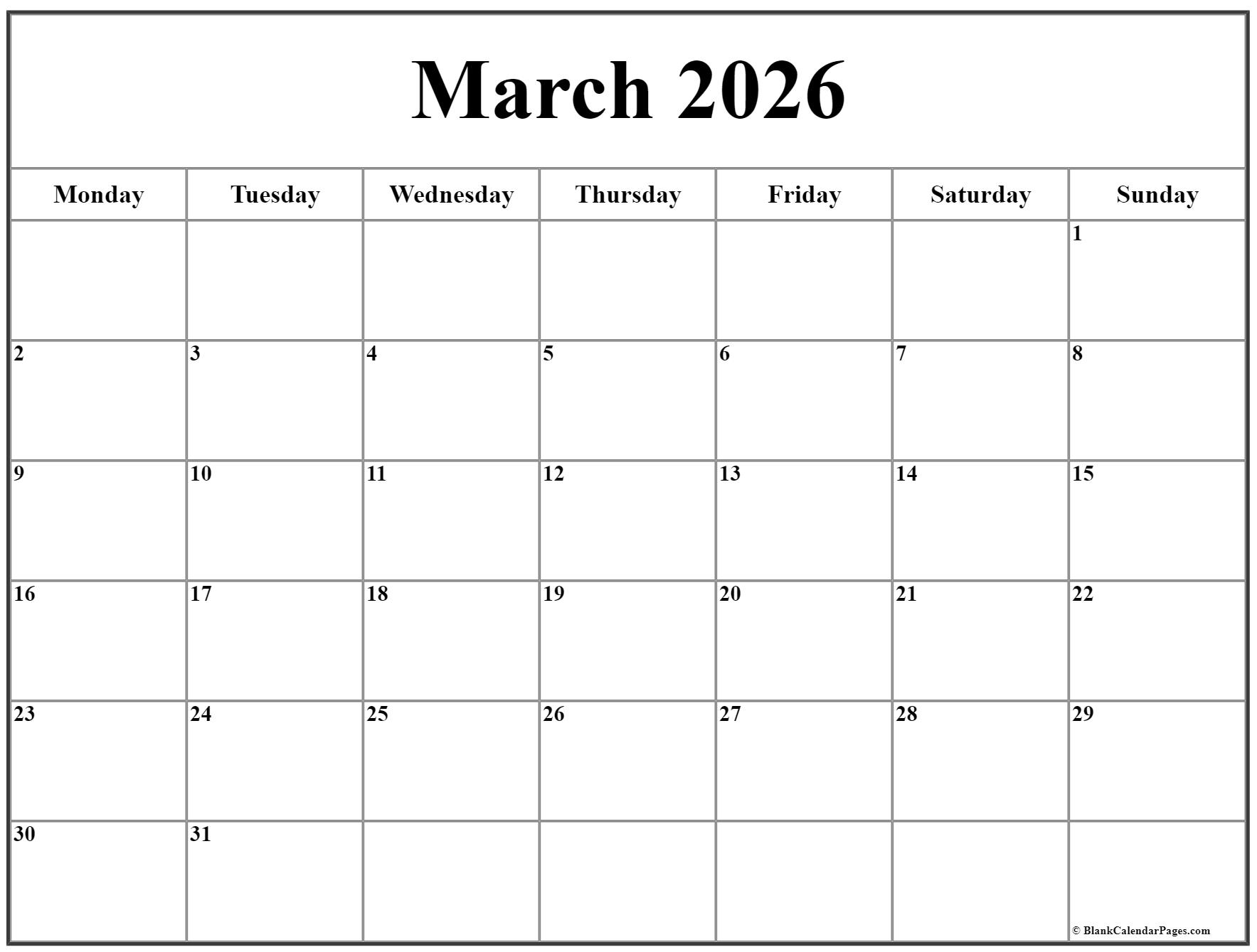 March 2023 Monday Calendar Monday To Sunday