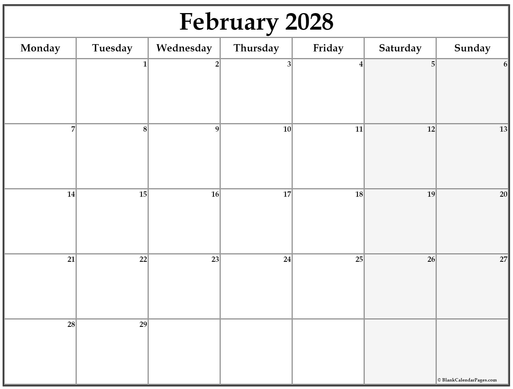 February 2028 Monday Calendar | Monday to Sunday