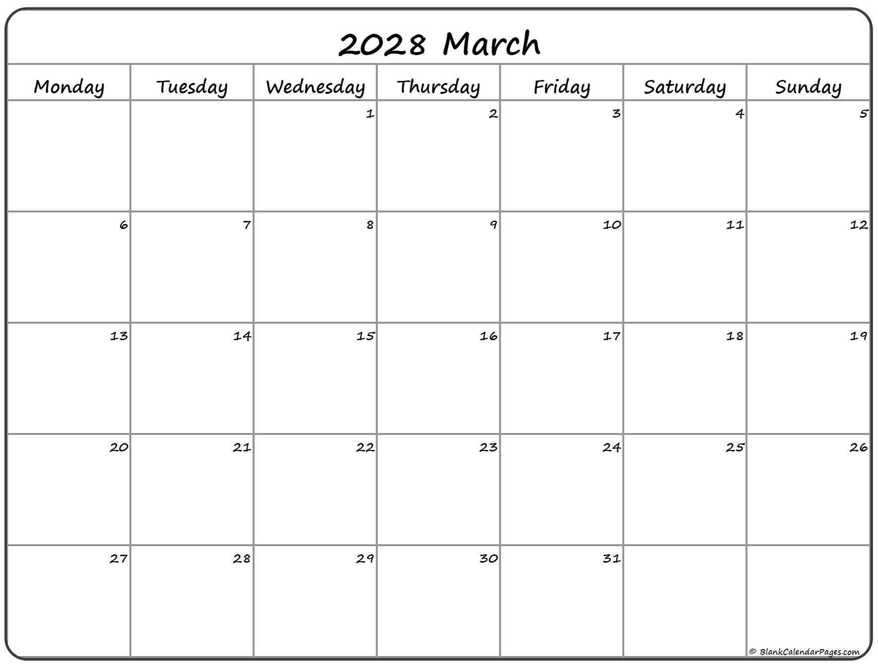 March 2028 Monday Calendar | Monday to Sunday