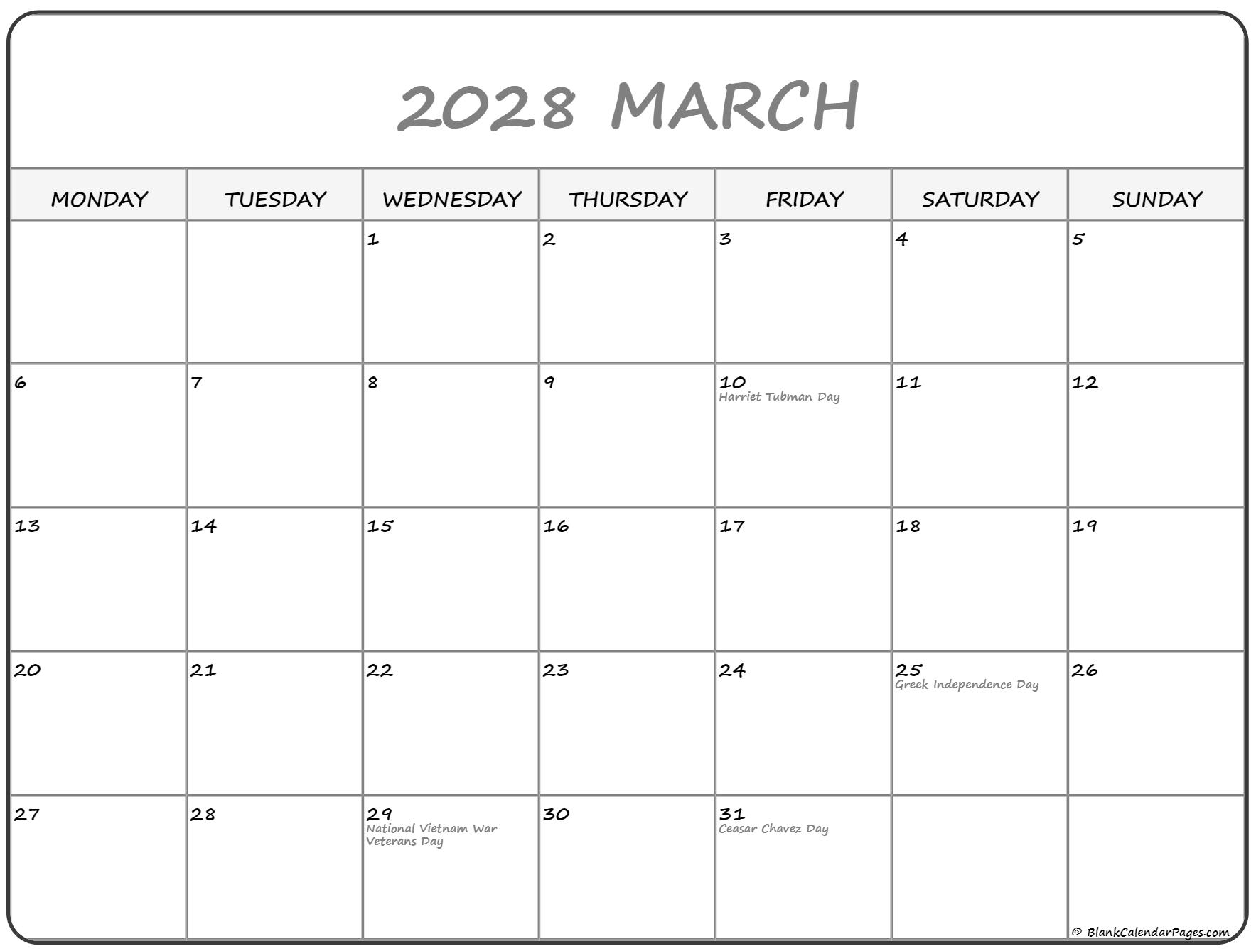 March 2028 Monday Calendar | Monday to Sunday