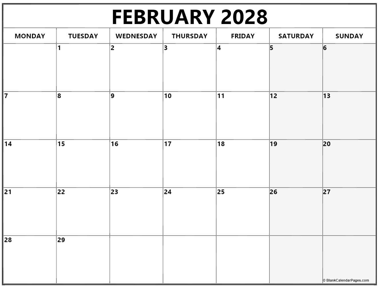 February 2028 Monday Calendar | Monday to Sunday