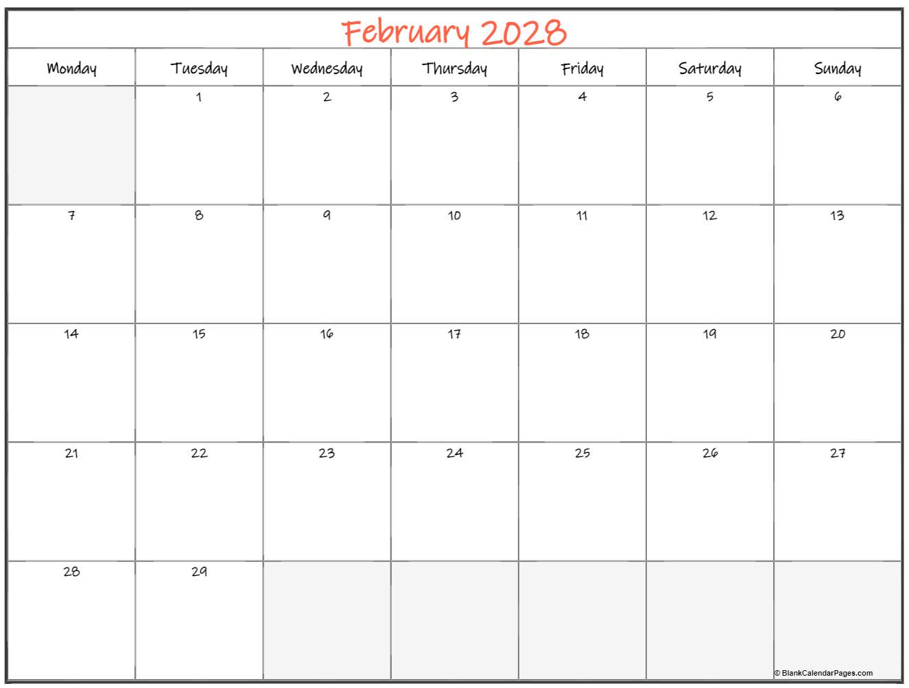 February 2028 Monday Calendar | Monday to Sunday