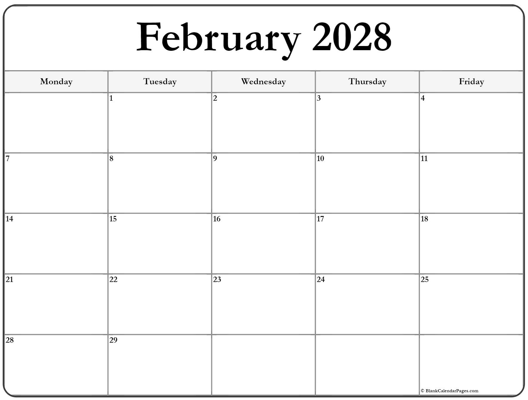 February 2028 Monday Calendar | Monday to Sunday