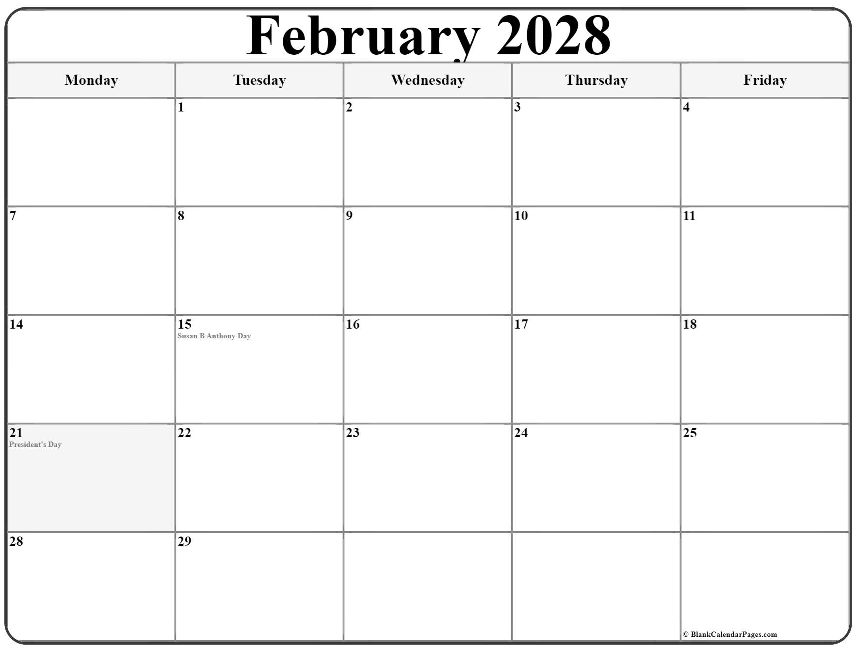 February 2028 Monday Calendar | Monday to Sunday