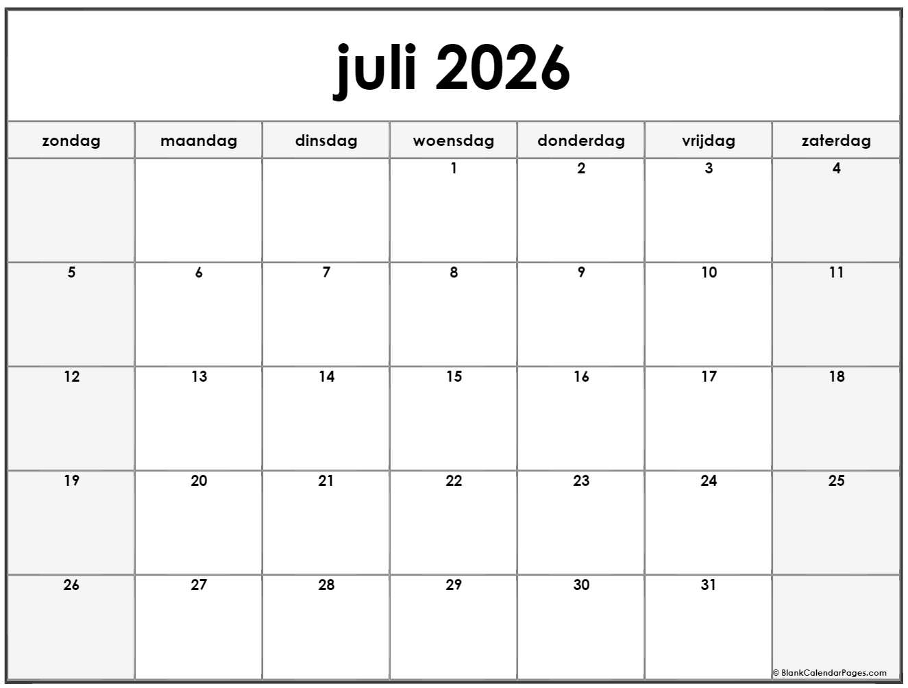 Juli 2026 Kalender Nederlandse Kalender Juli Juli 2026 Kalender Nederlandse Kalender Juli