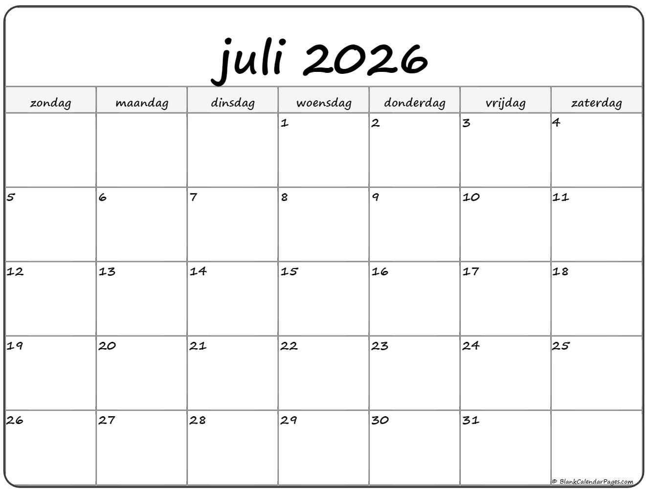 Juli 2026 Kalender Nederlandse Kalender Juli Juli 2026 Kalender Nederlandse Kalender Juli
