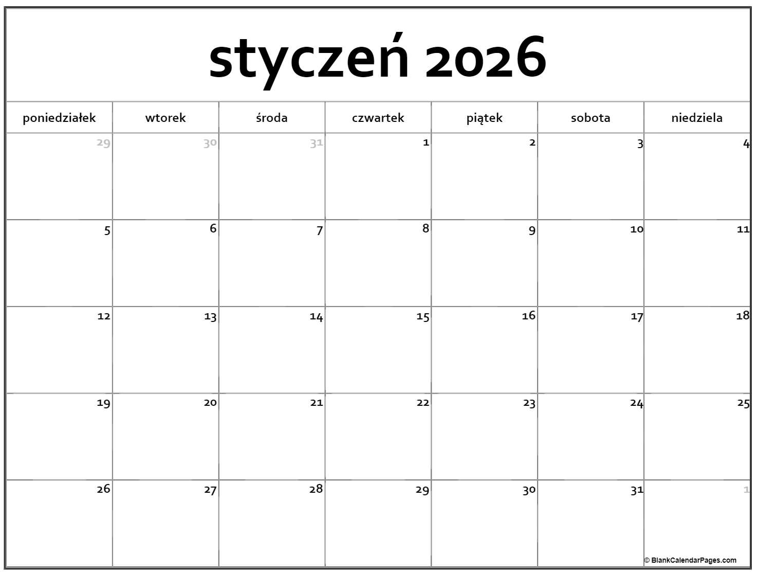 Kalendarz Na Rok 2026 Do Wydruku