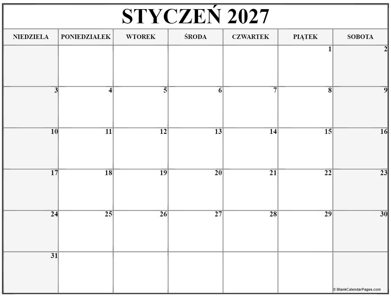 styczeń 2027 bezpłatny kalendarz do druku | kalendarz styczeń