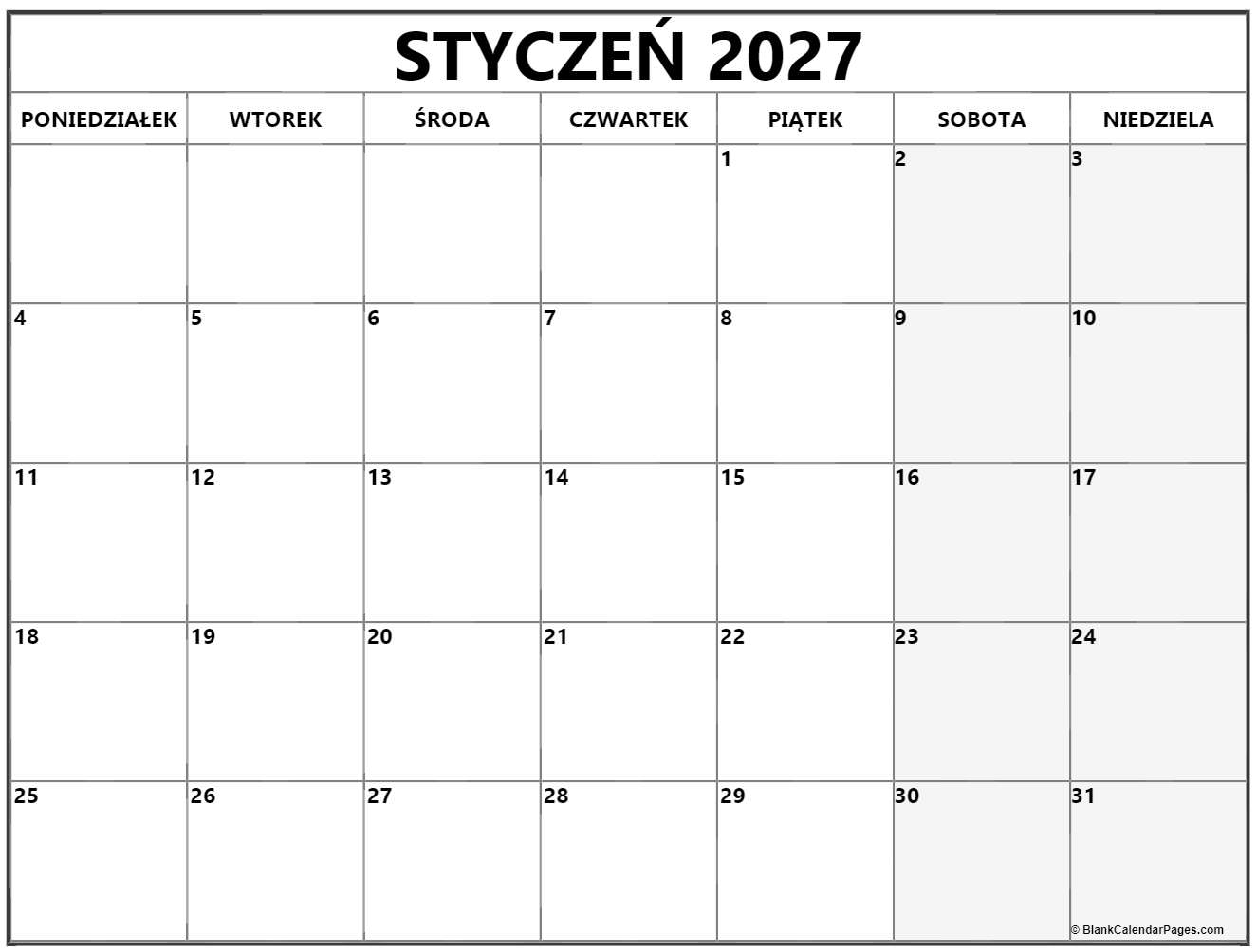 styczeń 2027 bezpłatny kalendarz do druku | kalendarz styczeń