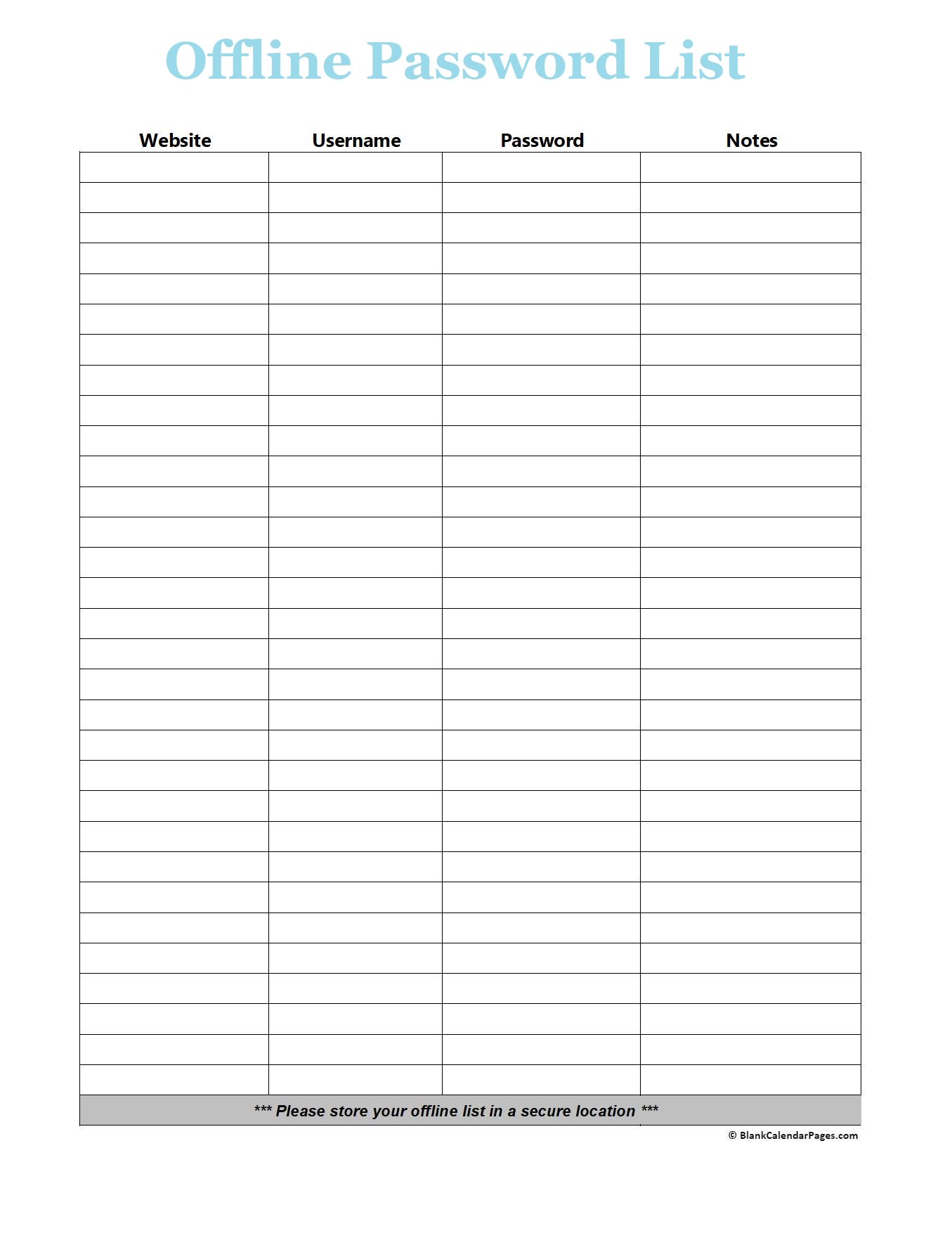 Password Log Template Password List