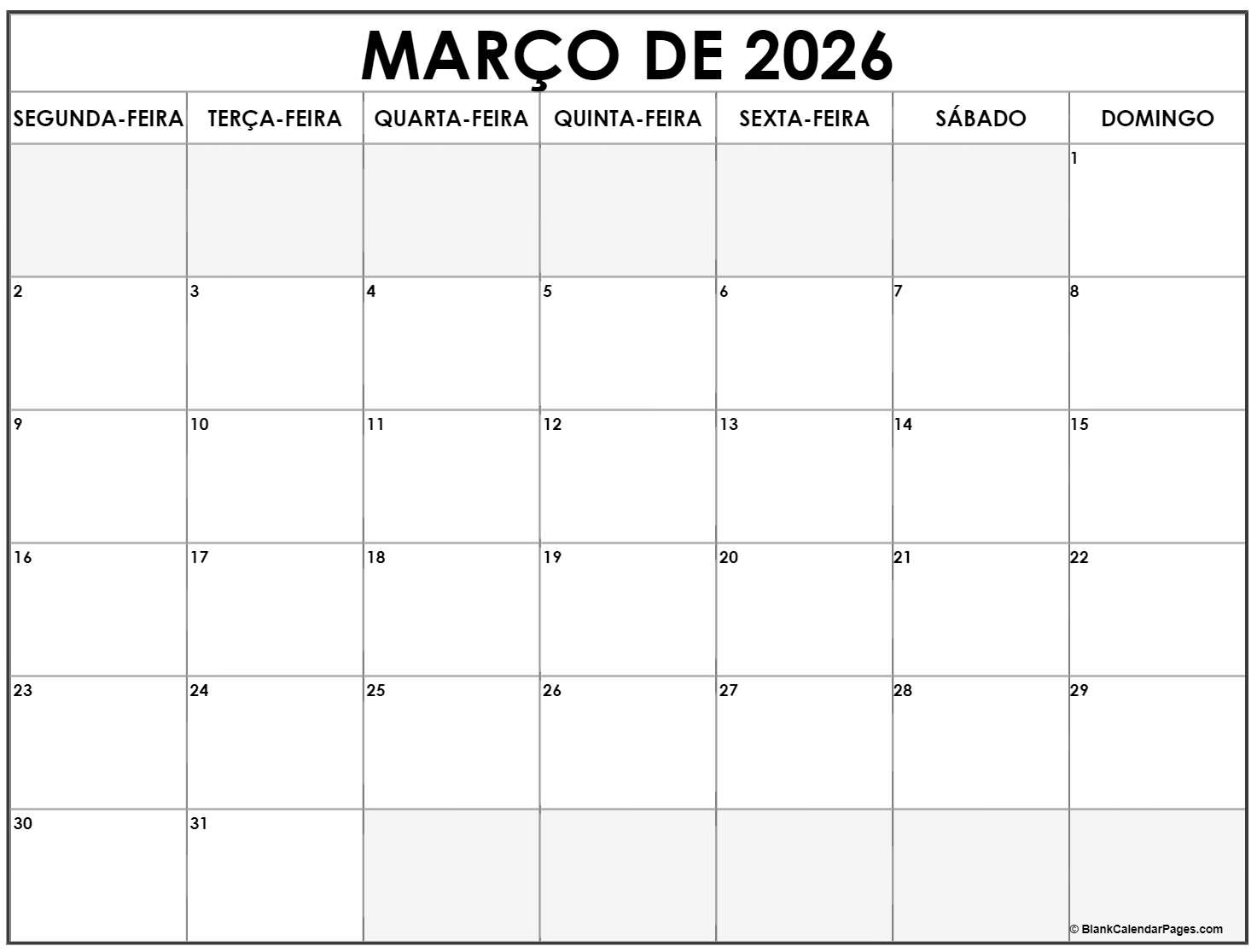 março de 2025 calendario grátis em português | Calendario março