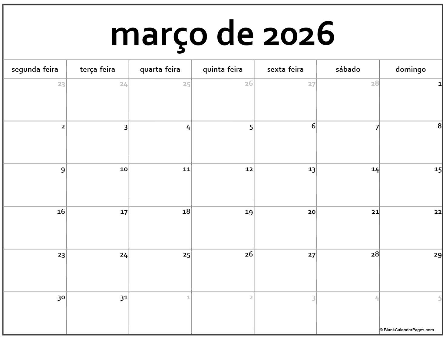 março de 2025 calendario grátis em português | Calendario março