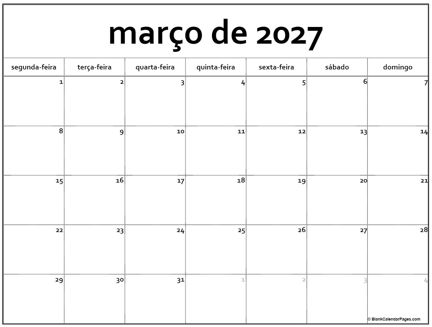 março de 2027 calendario grátis em português | Calendario março