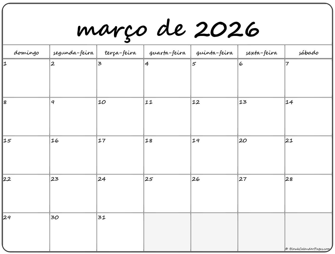 março de 2025 calendario grátis em português | Calendario março