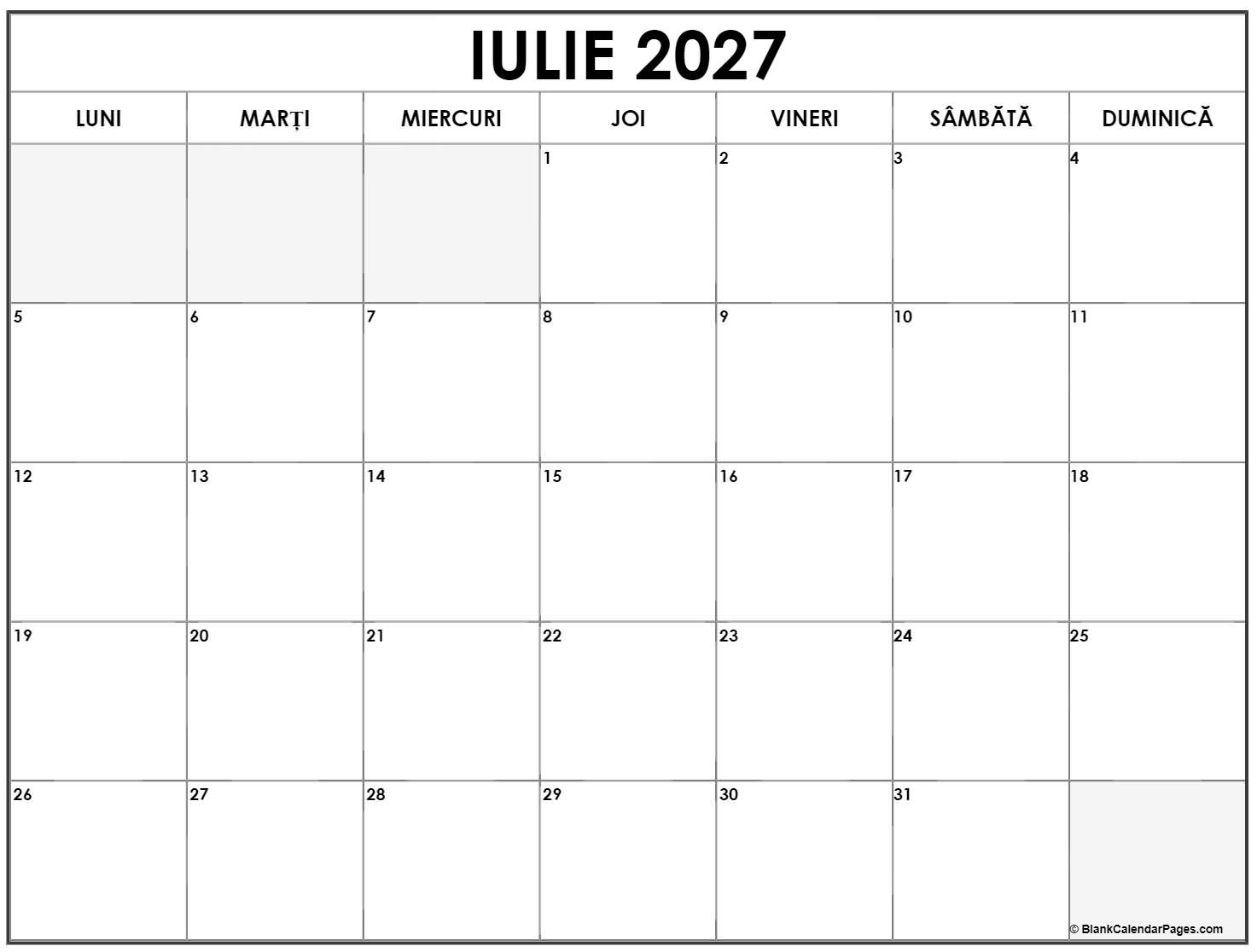 Calendarul iulie 2027 imprimabil gratuit in romana
