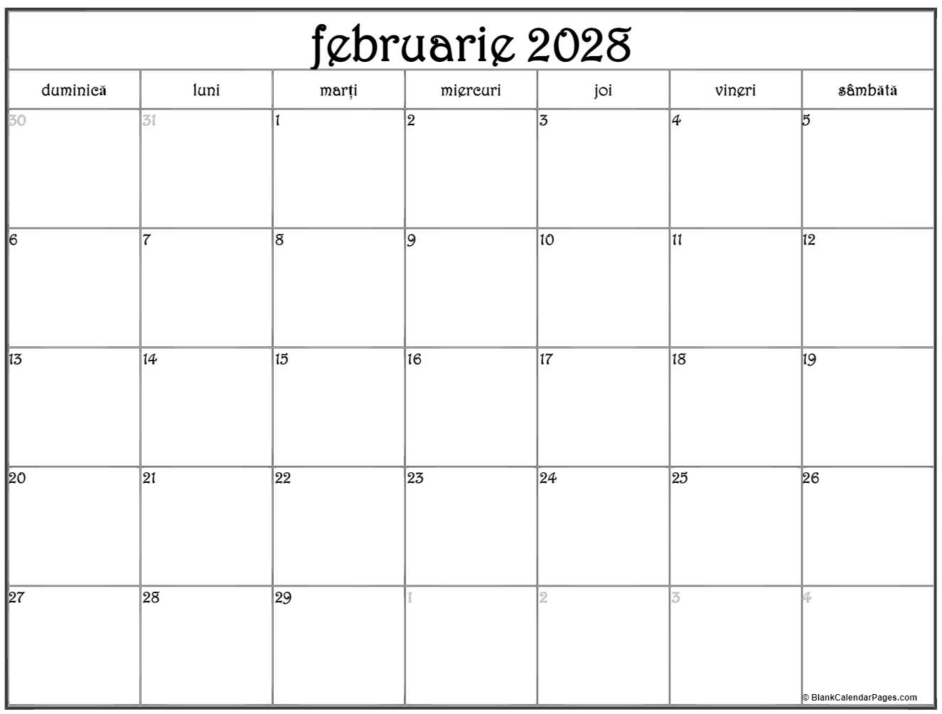 Calendarul februarie 2028 imprimabil gratuit in romana