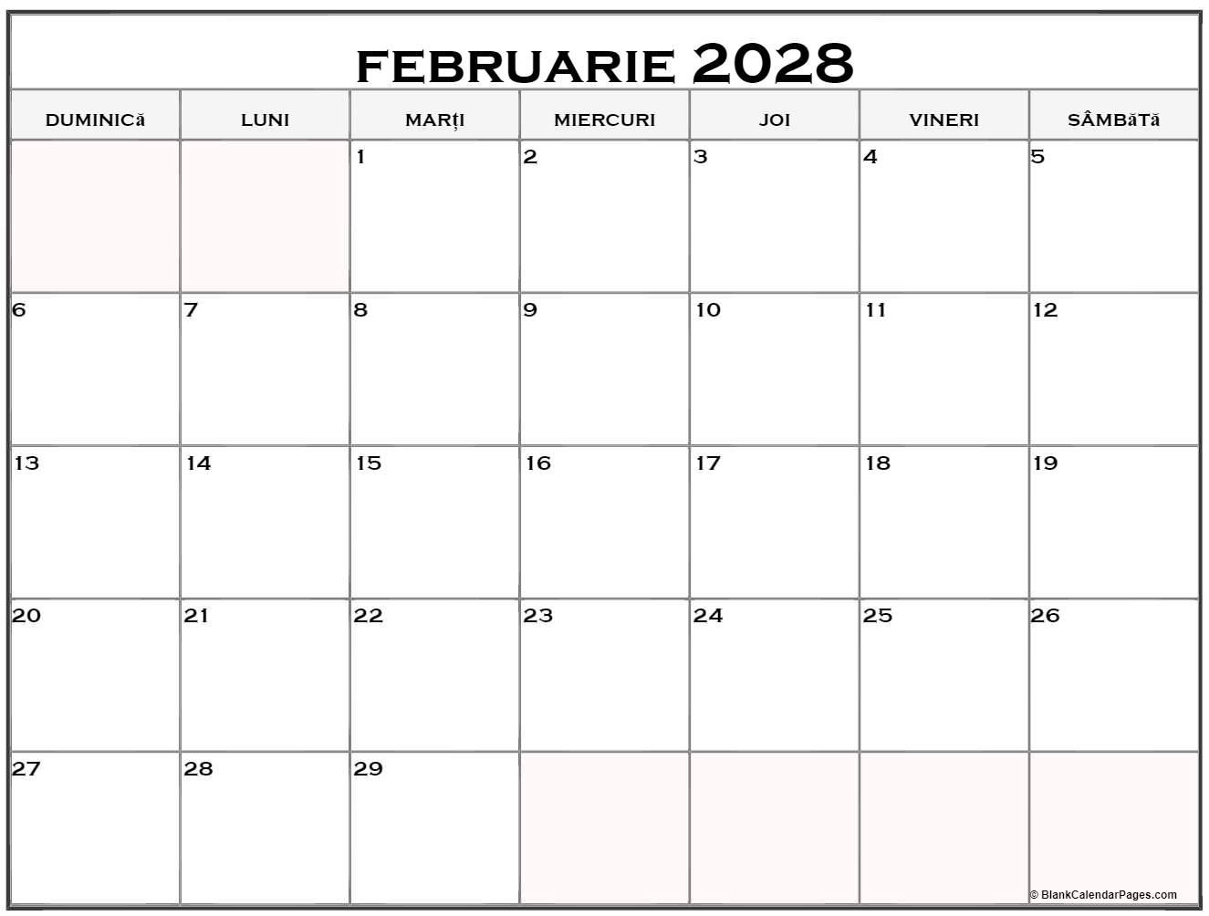 Calendarul februarie 2028 imprimabil gratuit in romana
