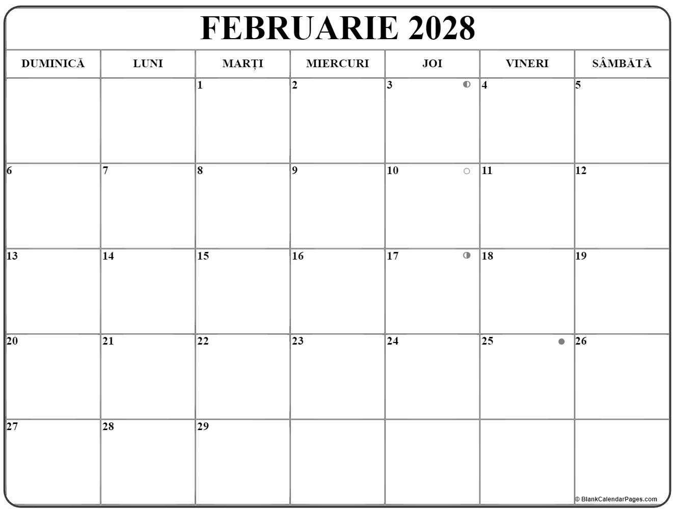 Calendarul februarie 2028 imprimabil gratuit in romana