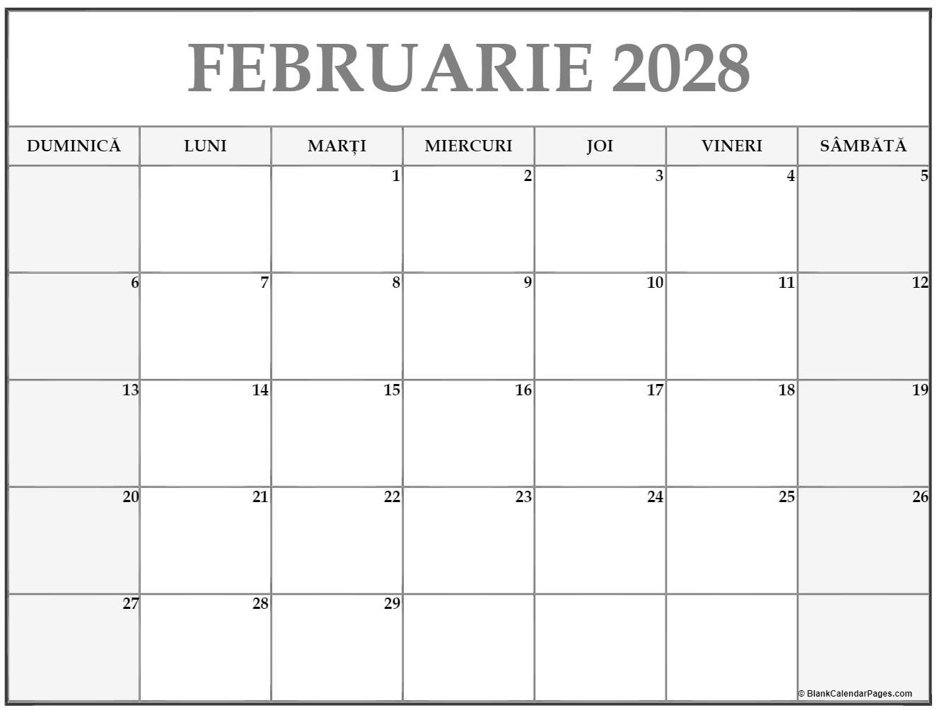 Calendarul februarie 2028 imprimabil gratuit in romana