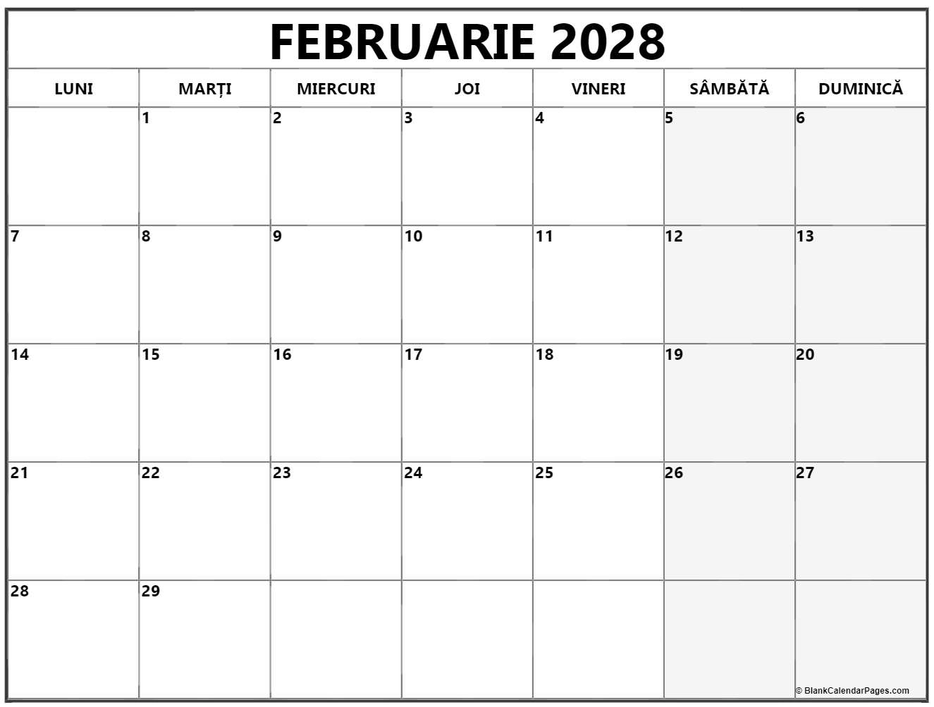 Calendarul februarie 2028 imprimabil gratuit in romana