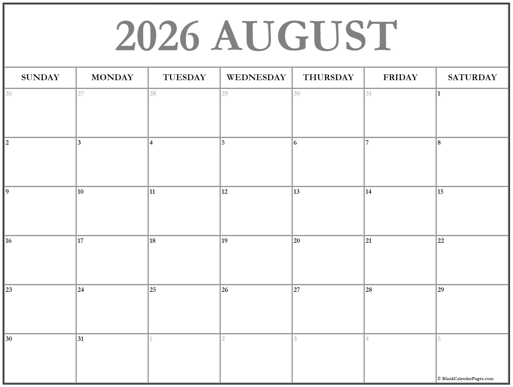 August 2026 Calendar Free Printable Calendar August 2026 Calendar Free Printable Calendar