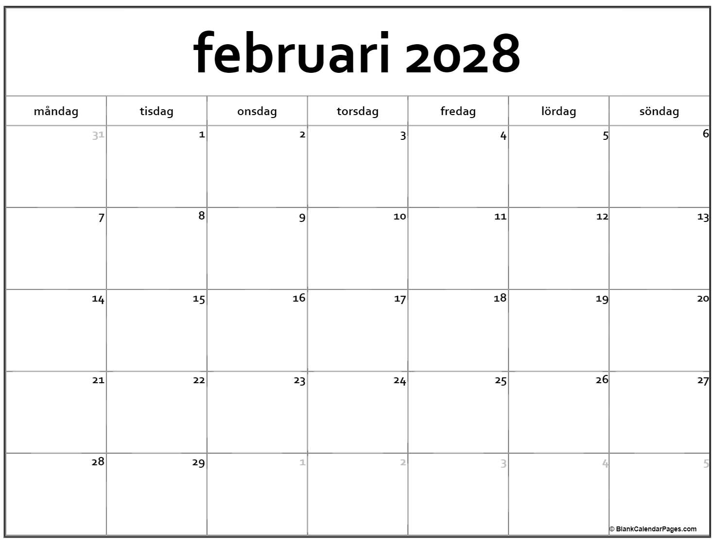 februari 2028 kalender Svenska | Kalender februari