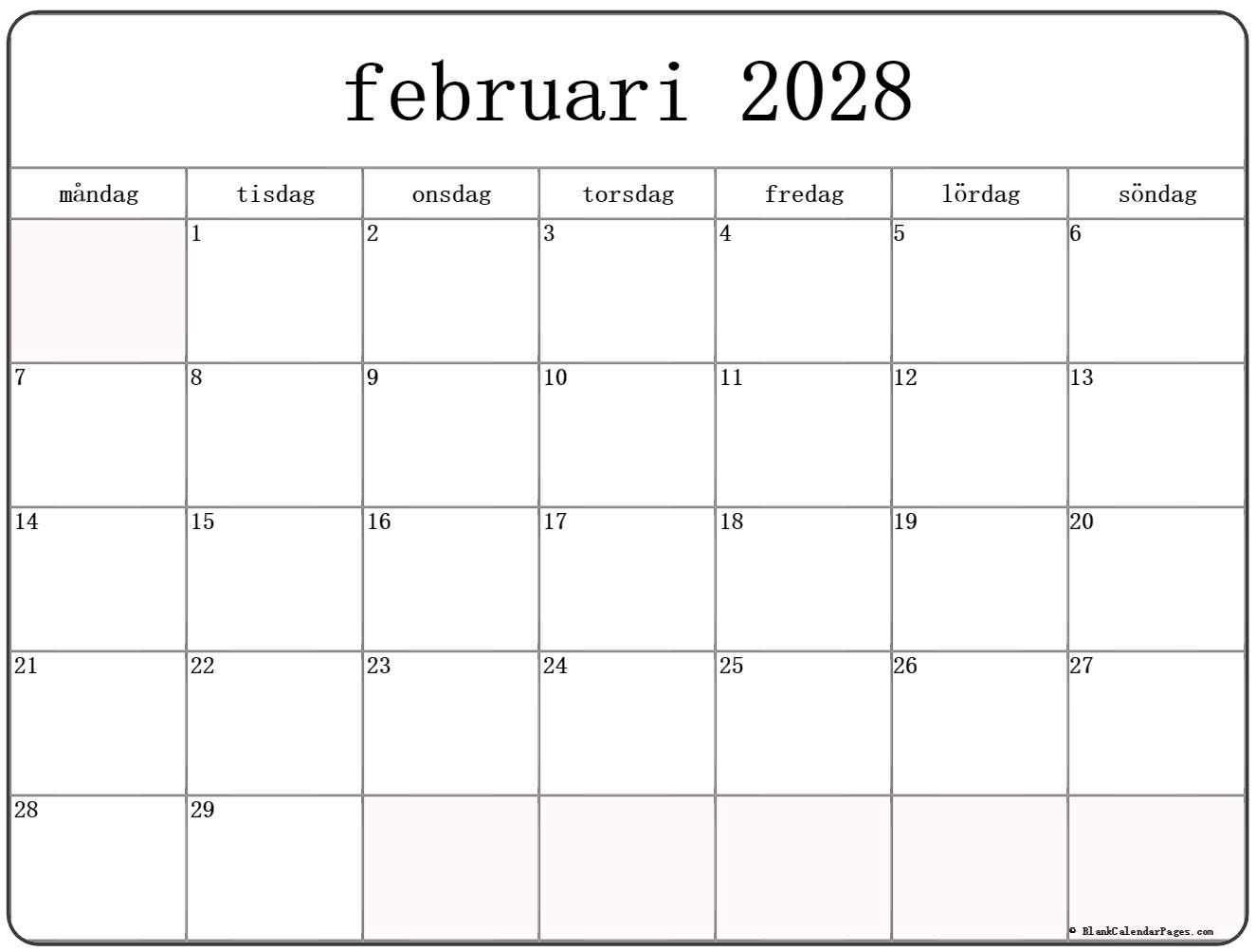 februari 2028 kalender Svenska | Kalender februari