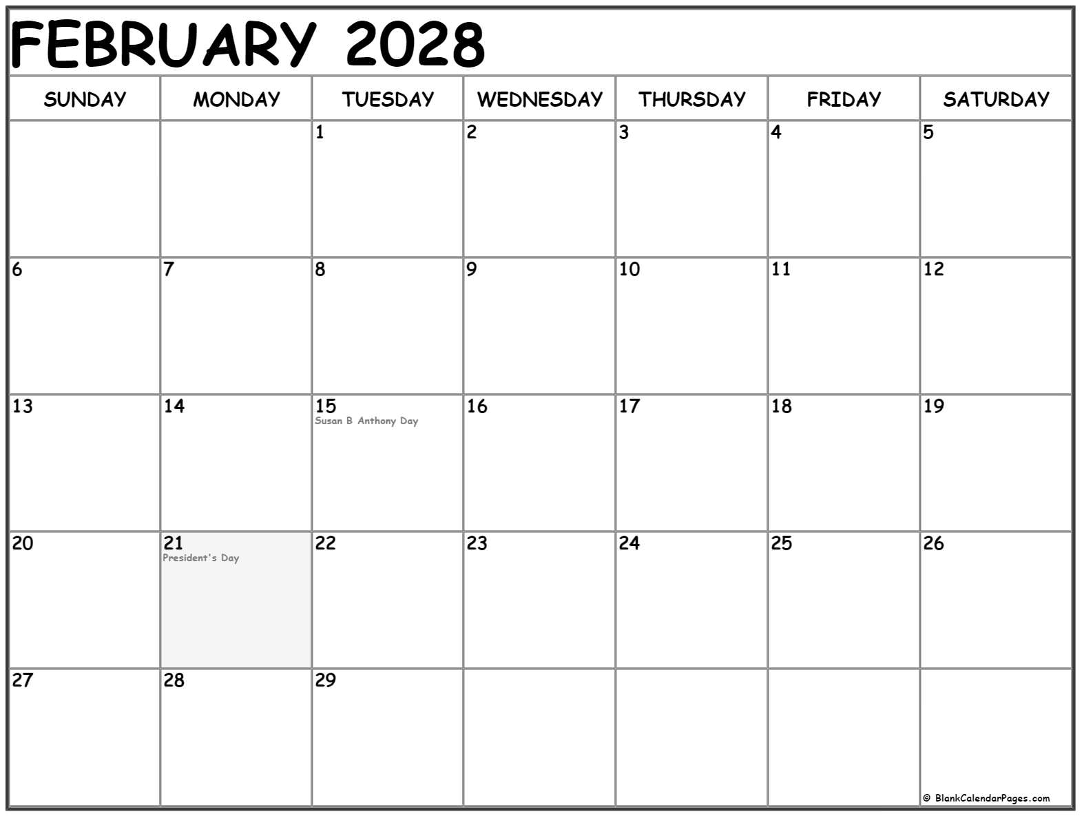 February 2028 with holidays calendar