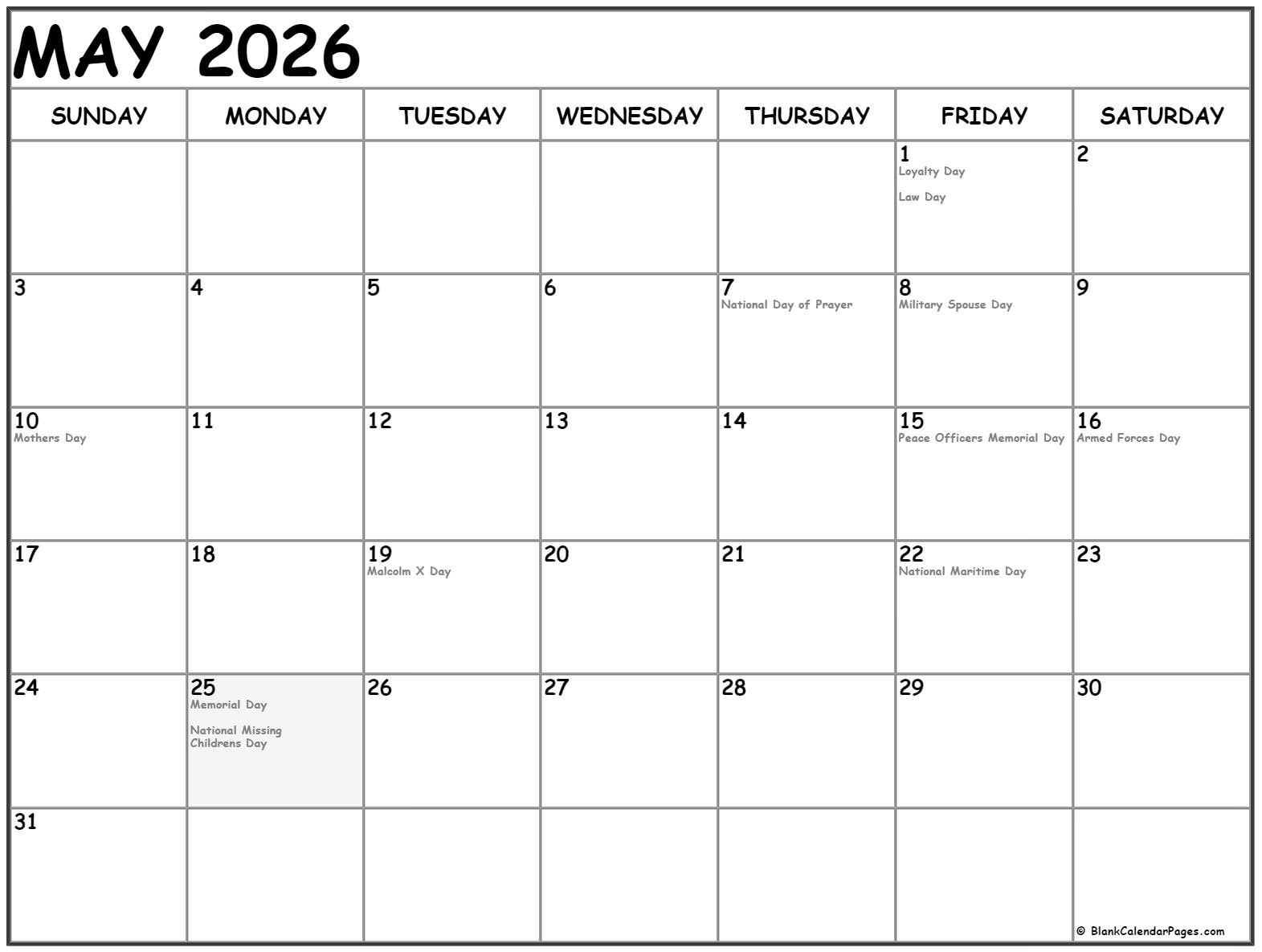 May 2023 With Holidays Calendar