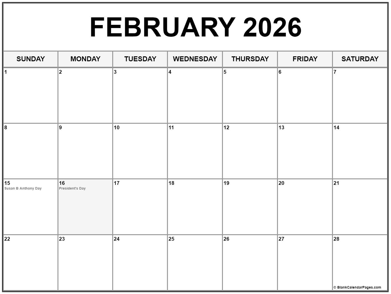 February 2026 With Holidays Calendar February 2026 With Holidays Calendar