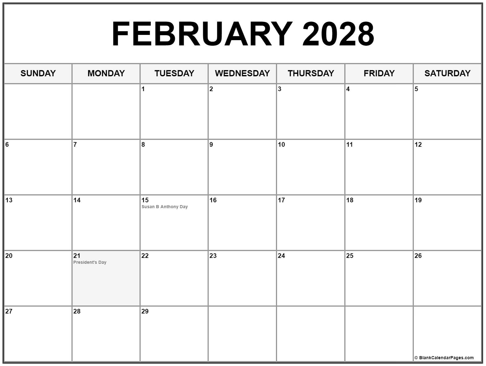 February 2028 with holidays calendar